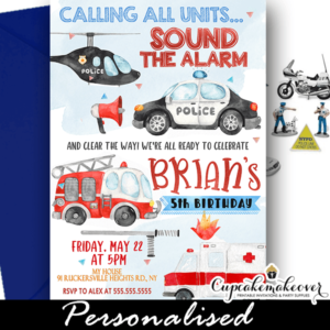 First Responders Invitation, Ambulance Police Fire Truck Birthday Party ...