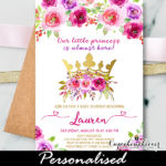 Crown Baby Shower Invitations, Floral Pink Gold - Cupcakemakeover