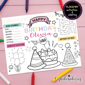 Activity Girl Birthday Placemat Coloring Sheet Party - Cupcakemakeover